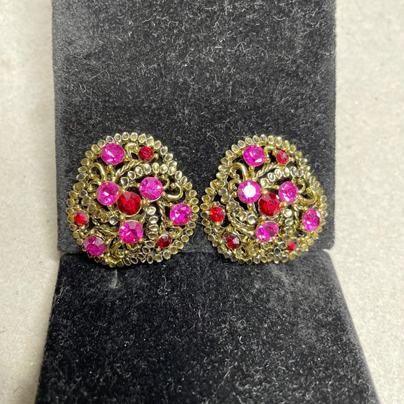 Jewelry | Lisner Pink Red Rhinestone Clip On Earrings Image Of Brooch ...